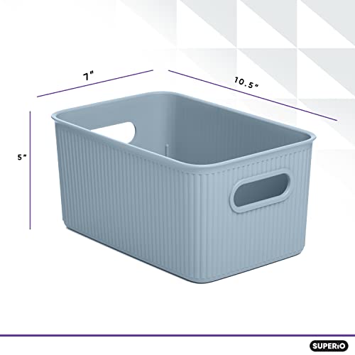 Superio Decorative Plastic Open Home Storage Bins Organizer Baskets, Medium Blue (4 Pack) Container Boxes for Organizing Closet Shelves Drawer Shelf - Ribbed Collection 5 Liter