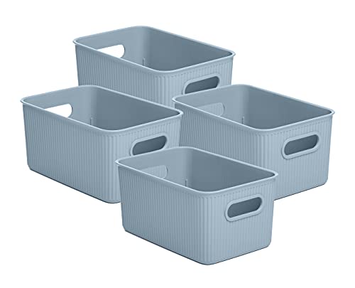 Superio Decorative Plastic Open Home Storage Bins Organizer Baskets, Medium Blue (4 Pack) Container Boxes for Organizing Closet Shelves Drawer Shelf - Ribbed Collection 5 Liter