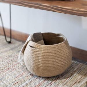 Goodpick Cute Round Basket - Cotton Rope Jute Baskets in Living Room Woven Towel Basket Bedroom Storage Bakset for Children Corner Plant Basket Indoor, Jute, 10"D x 8.3"H