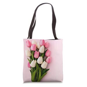 tulips bouquet pink background flower floral tulip rose gift tote bag