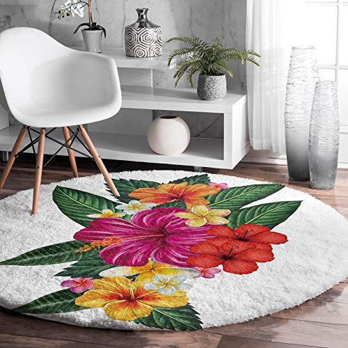 Ultra Soft Round Area Rug 4ft,Hawaiian Tropical Leaf Flowers,Fluffy Shag Absorbent Water Circle Rugs Runners for Living/Dining Room,Hibiscus Plumeria Floral,Non Slip Round Floor Carpet Nursery Rug