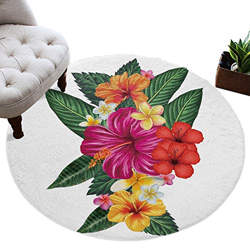 Ultra Soft Round Area Rug 4ft,Hawaiian Tropical Leaf Flowers,Fluffy Shag Absorbent Water Circle Rugs Runners for Living/Dining Room,Hibiscus Plumeria Floral,Non Slip Round Floor Carpet Nursery Rug