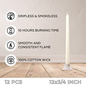 Sonedly 12 inch Taper Candle 12 Pack - Unscented Hand-Dipped Tapered Candles Long Burning Perfect for Home Interior - Dripless and Smokeless Tapered Candles for Home - 10-Hour Burning Ivory Candles