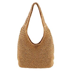 chic diary womens hand-woven straw shoulder bag large summer beach leather handles handbag tote with zipper (#01-khaki)