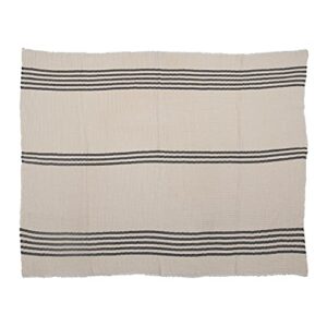 creative co-op coastal black and white stripe woven cotton double cloth stitched blanket and frayed edges throw, cream & black