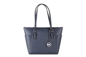 michael kors charlotte large top zip tote (navy/silver hardware)