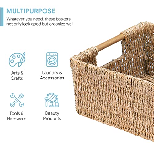 Large Wicker Basket Rectangular with Wooden Handles, Seagrass Basket Storage, Natural Baskets for Organizing, Wicker Baskets for Shelves 15.5 x 10.6 x 5.5 inches