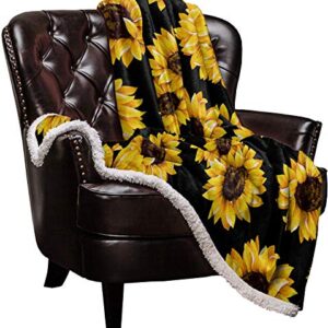 Sunflower Sherpa Fleece Blanket, Super Thick and Warm Cozy Luxury Blanket 40"x50", Vintage Floral Yellow Sunflower Black Background Bed Blanket, Fluffy Plush Microfiber Throw Blanket for Couch