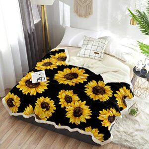 Sunflower Sherpa Fleece Blanket, Super Thick and Warm Cozy Luxury Blanket 40"x50", Vintage Floral Yellow Sunflower Black Background Bed Blanket, Fluffy Plush Microfiber Throw Blanket for Couch