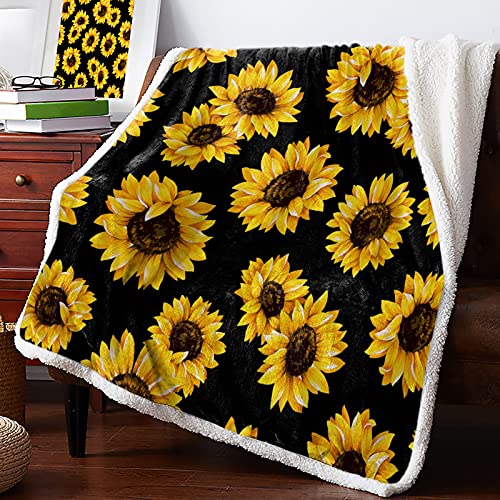 Sunflower Sherpa Fleece Blanket, Super Thick and Warm Cozy Luxury Blanket 40"x50", Vintage Floral Yellow Sunflower Black Background Bed Blanket, Fluffy Plush Microfiber Throw Blanket for Couch