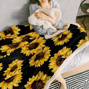 Sunflower Sherpa Fleece Blanket, Super Thick and Warm Cozy Luxury Blanket 40"x50", Vintage Floral Yellow Sunflower Black Background Bed Blanket, Fluffy Plush Microfiber Throw Blanket for Couch