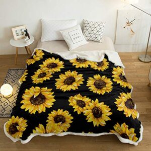 Sunflower Sherpa Fleece Blanket, Super Thick and Warm Cozy Luxury Blanket 40"x50", Vintage Floral Yellow Sunflower Black Background Bed Blanket, Fluffy Plush Microfiber Throw Blanket for Couch