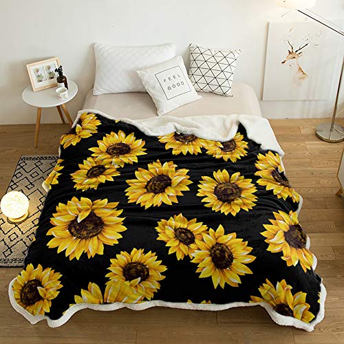 Sunflower Sherpa Fleece Blanket, Super Thick and Warm Cozy Luxury Blanket 40"x50", Vintage Floral Yellow Sunflower Black Background Bed Blanket, Fluffy Plush Microfiber Throw Blanket for Couch