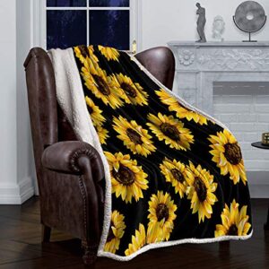 Sunflower Sherpa Fleece Blanket, Super Thick and Warm Cozy Luxury Blanket 40"x50", Vintage Floral Yellow Sunflower Black Background Bed Blanket, Fluffy Plush Microfiber Throw Blanket for Couch