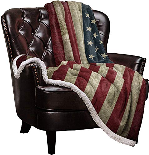 US Flag Sherpa Fleece Blanket, Super Thick and Warm Cozy Luxury Blanket 50"x60", Vintage American Flag Fourth of July Independence Day Themed Bed Blanket, Fluffy Microfiber Throw Blanket for Couch