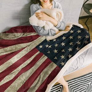 US Flag Sherpa Fleece Blanket, Super Thick and Warm Cozy Luxury Blanket 50"x60", Vintage American Flag Fourth of July Independence Day Themed Bed Blanket, Fluffy Microfiber Throw Blanket for Couch