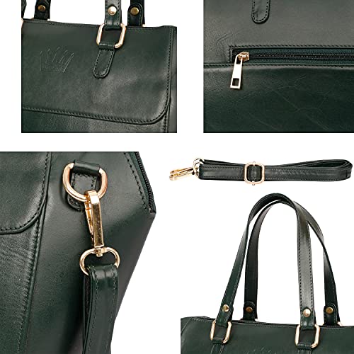 La Reina Women's Genuine Leather Satchel Handbag Shoulder Tote Top Handles Crossbody (Dark Green)