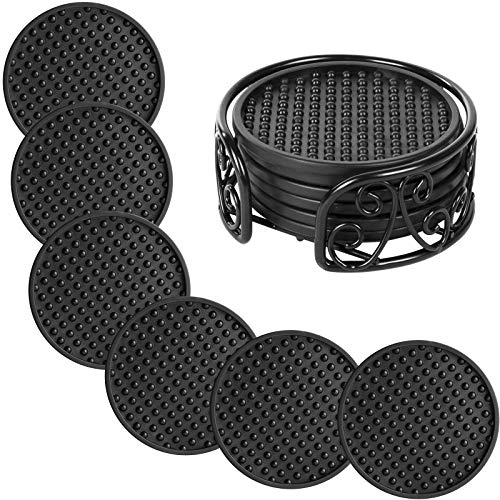 Set of 6 Drink Coasters with Metal Holder, Y&M Drink Coasters - Absorbs Moisture and Prevents Table Damage, Modern Black Silicone Coaster with Non-Slip Bottom for Drinking Glasses Gifts (Black)