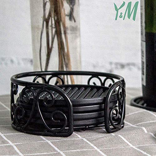 Set of 6 Drink Coasters with Metal Holder, Y&M Drink Coasters - Absorbs Moisture and Prevents Table Damage, Modern Black Silicone Coaster with Non-Slip Bottom for Drinking Glasses Gifts (Black)