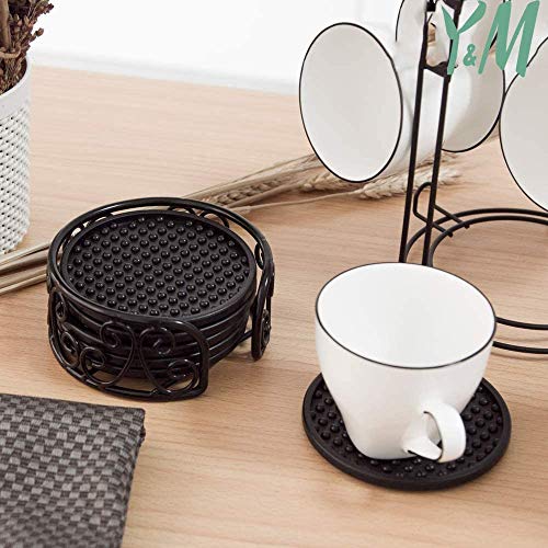 Set of 6 Drink Coasters with Metal Holder, Y&M Drink Coasters - Absorbs Moisture and Prevents Table Damage, Modern Black Silicone Coaster with Non-Slip Bottom for Drinking Glasses Gifts (Black)