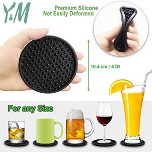 Set of 6 Drink Coasters with Metal Holder, Y&M Drink Coasters - Absorbs Moisture and Prevents Table Damage, Modern Black Silicone Coaster with Non-Slip Bottom for Drinking Glasses Gifts (Black)