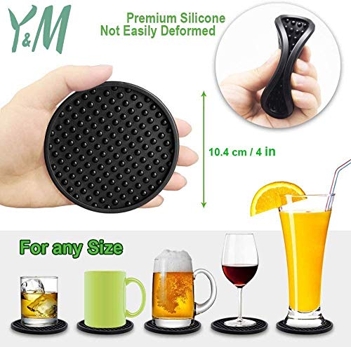 Set of 6 Drink Coasters with Metal Holder, Y&M Drink Coasters - Absorbs Moisture and Prevents Table Damage, Modern Black Silicone Coaster with Non-Slip Bottom for Drinking Glasses Gifts (Black)