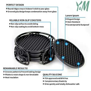 Set of 6 Drink Coasters with Metal Holder, Y&M Drink Coasters - Absorbs Moisture and Prevents Table Damage, Modern Black Silicone Coaster with Non-Slip Bottom for Drinking Glasses Gifts (Black)