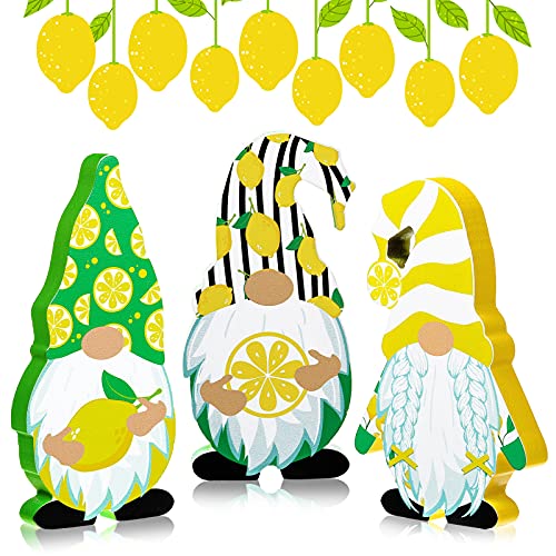 3 Pcs Lemon Gnomes Decor Lemon Wooden Decorations for Kitchen Summer Tiered Tray Gnomes Lemon Wooden Tabletop Centerpiece Farmhouse Lemon Gnome Freestanding Table Signs for Summer Home Decoration