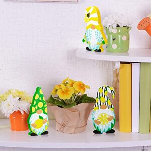 3 Pcs Lemon Gnomes Decor Lemon Wooden Decorations for Kitchen Summer Tiered Tray Gnomes Lemon Wooden Tabletop Centerpiece Farmhouse Lemon Gnome Freestanding Table Signs for Summer Home Decoration