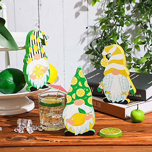 3 Pcs Lemon Gnomes Decor Lemon Wooden Decorations for Kitchen Summer Tiered Tray Gnomes Lemon Wooden Tabletop Centerpiece Farmhouse Lemon Gnome Freestanding Table Signs for Summer Home Decoration