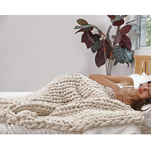 ZUIBESCHOS Chunky Knit Blanket Warm Chenille Yarn Throw Blanket 40x80 Inch Handmade Cozy Throw Yarn Blanket for Bed Home Decor, Machine Washable,Beige