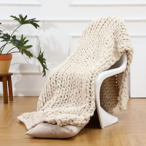 ZUIBESCHOS Chunky Knit Blanket Warm Chenille Yarn Throw Blanket 40x80 Inch Handmade Cozy Throw Yarn Blanket for Bed Home Decor, Machine Washable,Beige