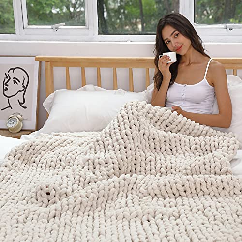 ZUIBESCHOS Chunky Knit Blanket Warm Chenille Yarn Throw Blanket 40x80 Inch Handmade Cozy Throw Yarn Blanket for Bed Home Decor, Machine Washable,Beige