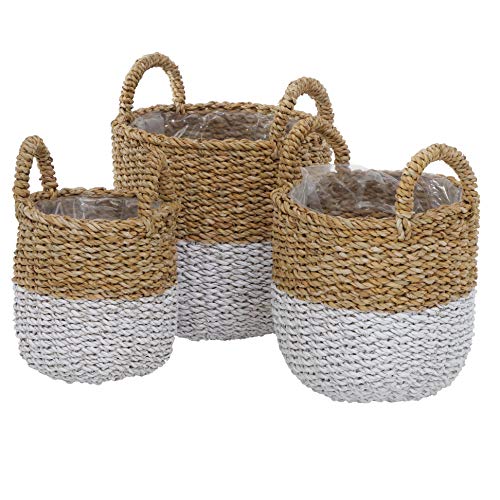 Plastic Lined Seagrass Baskets, Set of 3, Paint Dipped in Coastal White, Chunky Weave, Rustic, Natural, Barrel Belly, Top Handles, 10.25, 11, and 12.25 Inches T