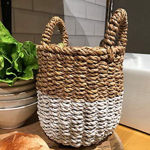 Plastic Lined Seagrass Baskets, Set of 3, Paint Dipped in Coastal White, Chunky Weave, Rustic, Natural, Barrel Belly, Top Handles, 10.25, 11, and 12.25 Inches T