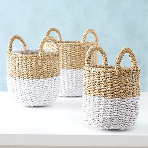 Plastic Lined Seagrass Baskets, Set of 3, Paint Dipped in Coastal White, Chunky Weave, Rustic, Natural, Barrel Belly, Top Handles, 10.25, 11, and 12.25 Inches T