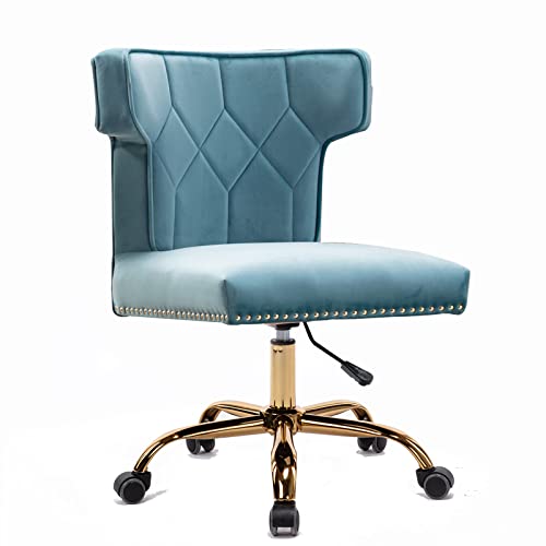 Recaceik Modern Velvet Home Office Chair, Adjustable Leisure Swivel Desk Chairs with High Back 360 Degree Castor Gold Wheels for Living Room/Bedroom/Office (Light Blue)