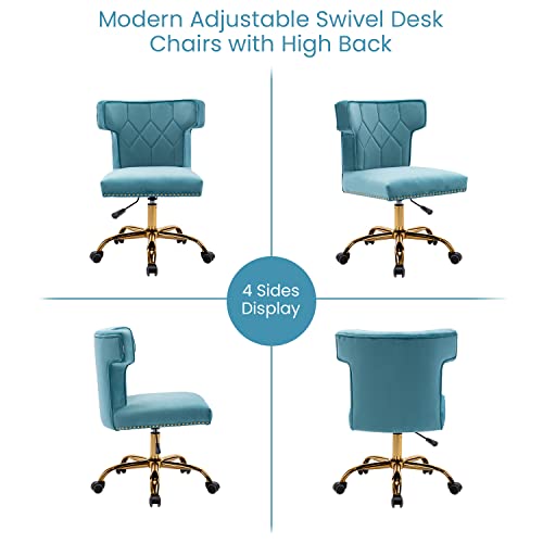 Recaceik Modern Velvet Home Office Chair, Adjustable Leisure Swivel Desk Chairs with High Back 360 Degree Castor Gold Wheels for Living Room/Bedroom/Office (Light Blue)