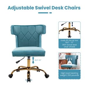 Recaceik Modern Velvet Home Office Chair, Adjustable Leisure Swivel Desk Chairs with High Back 360 Degree Castor Gold Wheels for Living Room/Bedroom/Office (Light Blue)