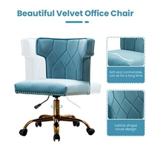 Recaceik Modern Velvet Home Office Chair, Adjustable Leisure Swivel Desk Chairs with High Back 360 Degree Castor Gold Wheels for Living Room/Bedroom/Office (Light Blue)