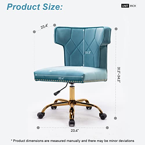 Recaceik Modern Velvet Home Office Chair, Adjustable Leisure Swivel Desk Chairs with High Back 360 Degree Castor Gold Wheels for Living Room/Bedroom/Office (Light Blue)