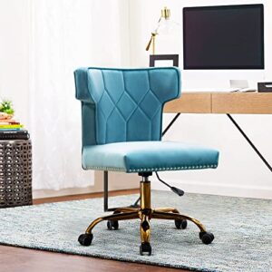 Recaceik Modern Velvet Home Office Chair, Adjustable Leisure Swivel Desk Chairs with High Back 360 Degree Castor Gold Wheels for Living Room/Bedroom/Office (Light Blue)