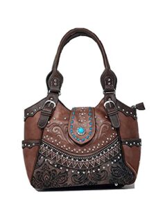 texas west western style rhinestone concho buckle concealed carry purse women shoulder bag in 4 colors (brown)