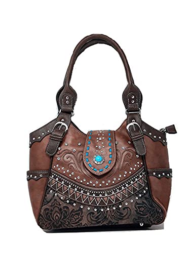 Texas West Western Style Rhinestone Concho Buckle Concealed Carry Purse Women Shoulder Bag in 4 colors (Brown)