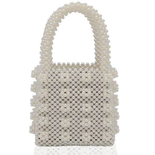 TOPSMU Pearl Bag Crystal Pearl Purse Handmade Weave For Women Handbag Acrylic Beaded Bags White