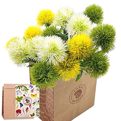 SNAIL GARDEN 15Pcs Artificial Dandelion, Artificial Flowers Plants Bouquet with 1 Vase Kraft Paper Bag-Plastic Shrubs Brushes Plant Fake Grass for Indoor Outdoor(White,Yellow,Green)