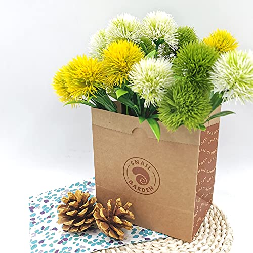 SNAIL GARDEN 15Pcs Artificial Dandelion, Artificial Flowers Plants Bouquet with 1 Vase Kraft Paper Bag-Plastic Shrubs Brushes Plant Fake Grass for Indoor Outdoor(White,Yellow,Green)