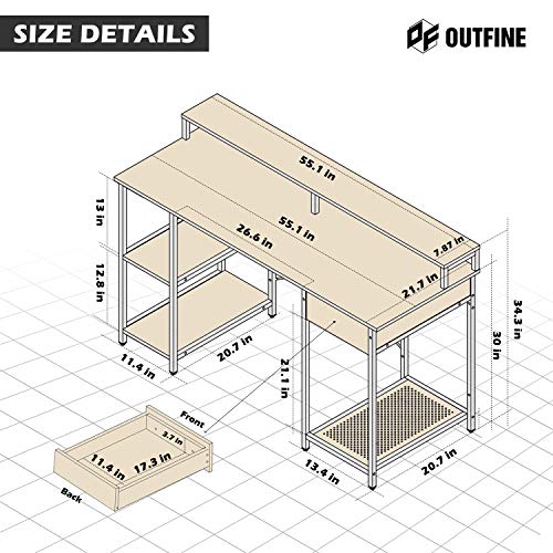 OUTFINE Desk Computer Desk Office Desk with Drawer, Monitor Stand and Storage Shelves