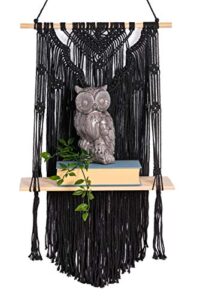 kaltek black macrame shelf with flower design | boho style with floating wood shelf | beautiful handmade black macrame shelf for hanging plants and decor | boho wall decor with macrame rope shelving