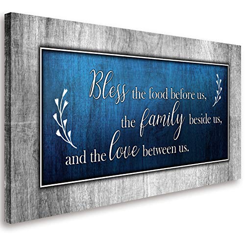 Christian Wall Art Decor Blue and Grey Canvas Prints Bless The Food Quote Wall Pictures Framed Artwork for Home Living Room Dining Room Kitchen Decorations